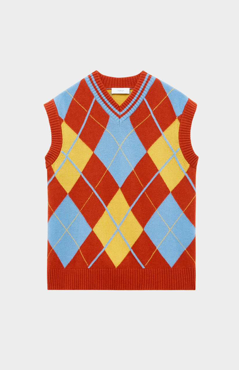 Pringle Lambswool Argyle V Neck Vest in Royal Blue & Rust Red – Pringle ...