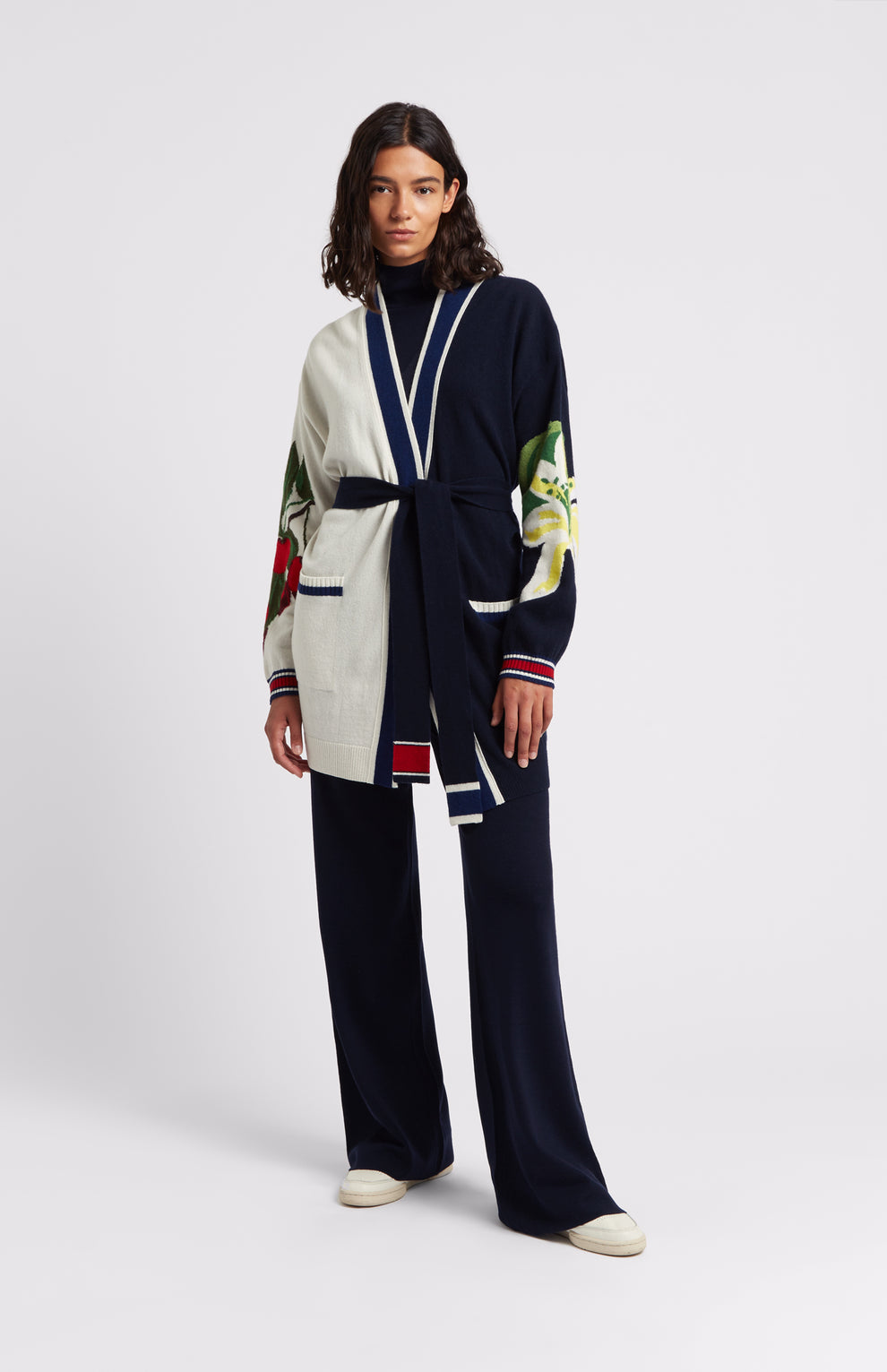 Intarsia Fruit Cashmere Blend Wrap Cardigan In Navy - Pringle of Scotland